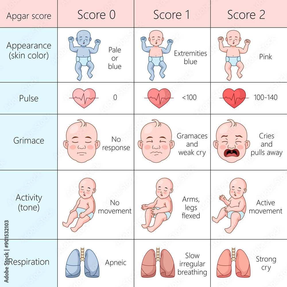 Apgar score chart evaluating the health of newborns, appearance, pulse ...