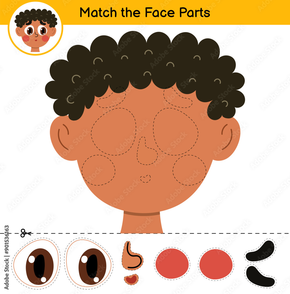 Face Parts cut and glue game with a cute boy. Educational activity page ...