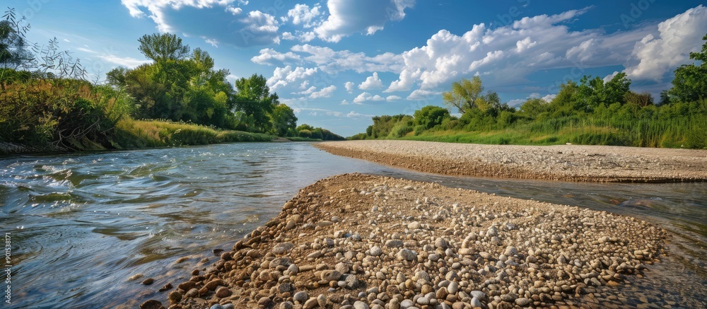 Sharp-angled gravel sandbar in a river with scenic nature landscape ...