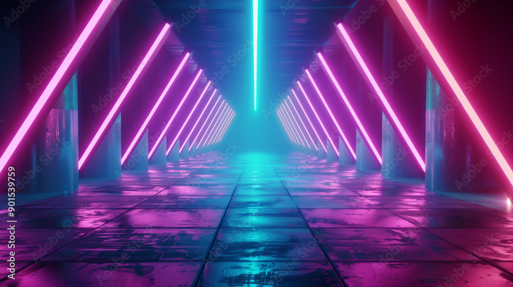 Abstract futuristic 3d background with neon pink glowing laser rays ...