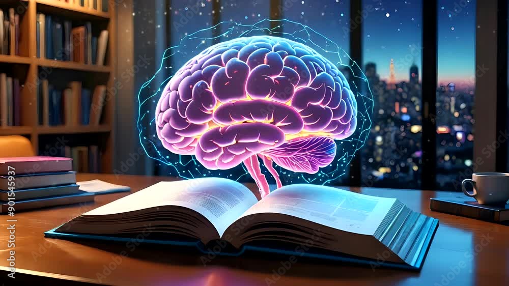 Glowing brain emerging from an open book in a library with a cityscape ...