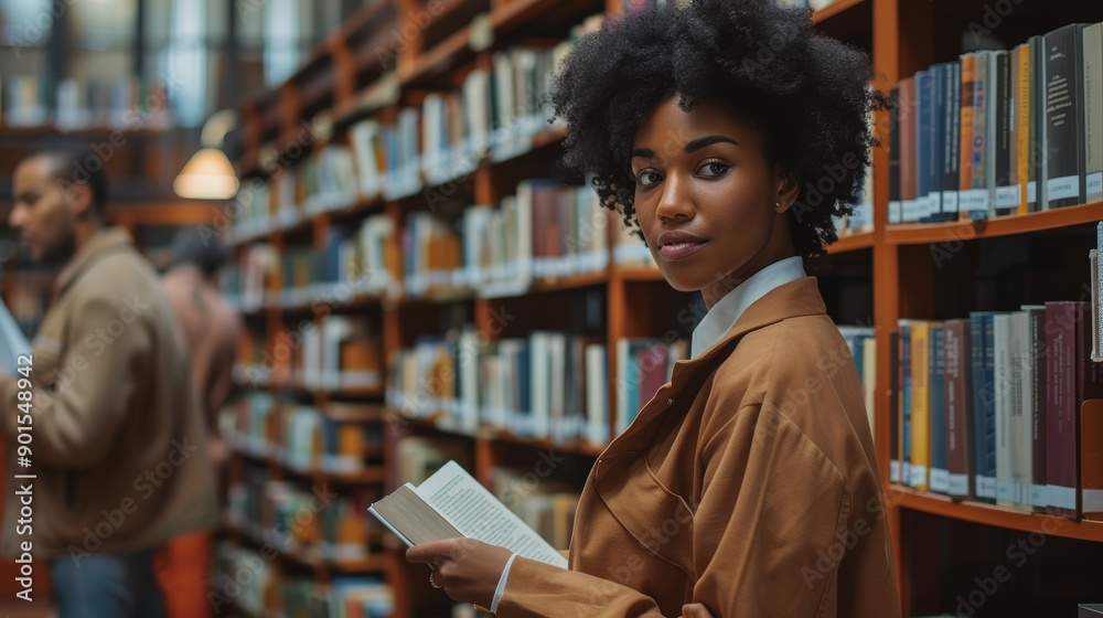 Education, book, or black lady studying at university, college, or ...