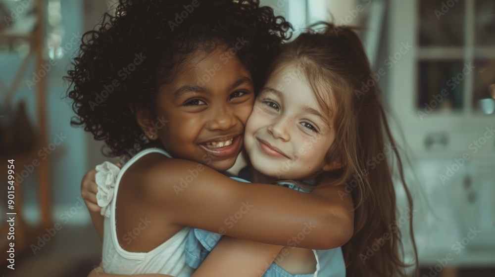 Smile and sisters hugging on a sofa in the family living room. Sunshine ...