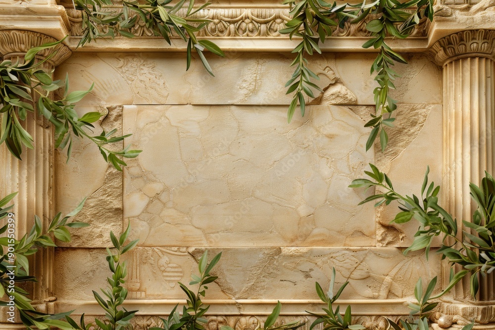 Ancient Greek Temple Frame with marble columns, intricate friezes, and ...
