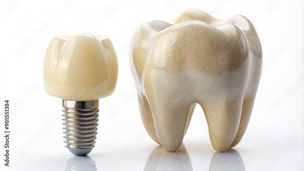 Crooked natural tooth alongside a prosthetic pontic tooth on a white ...