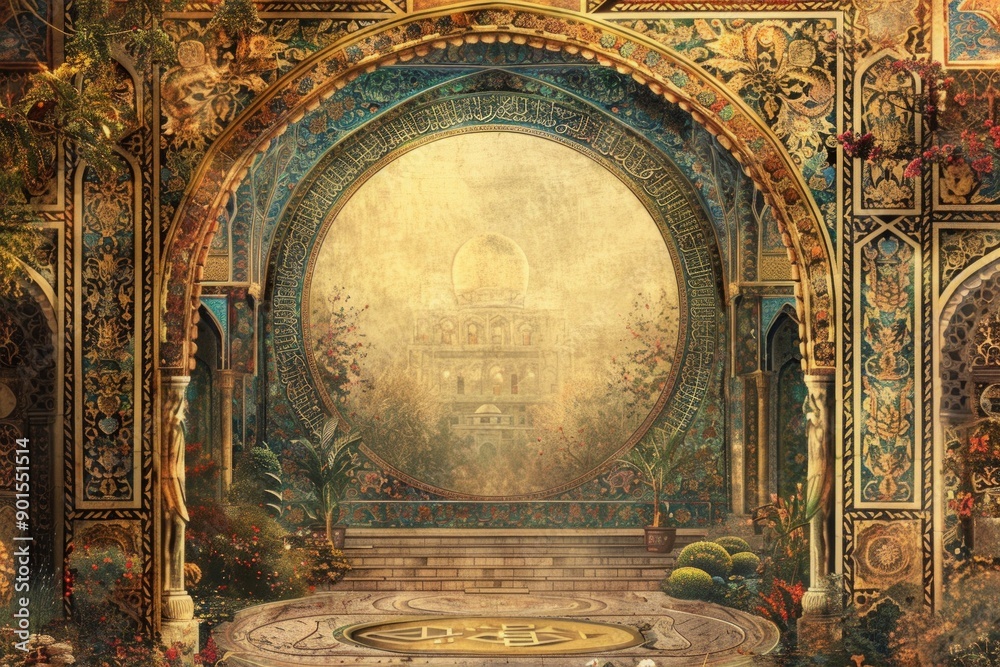 Ancient Persian Palace Frame with intricate mosaics, golden arches, and ...