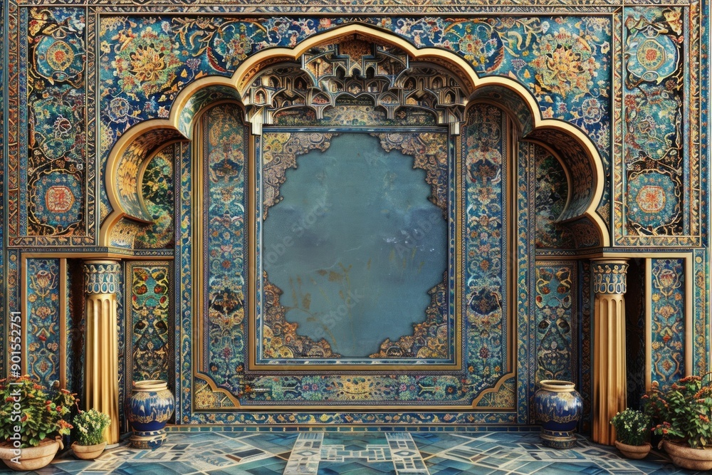 Ancient Persian Palace Frame with intricate mosaics, golden arches, and ...