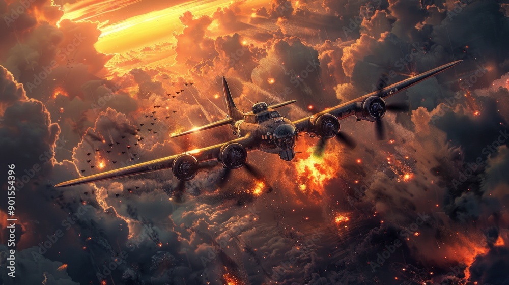 WWII silver bomber in crisis, flames and damage, under attack with ...