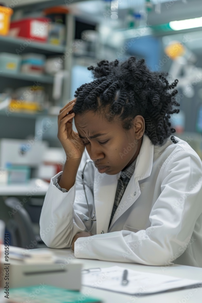 Stress, black woman or scientist with lab burnout and migraine or ...
