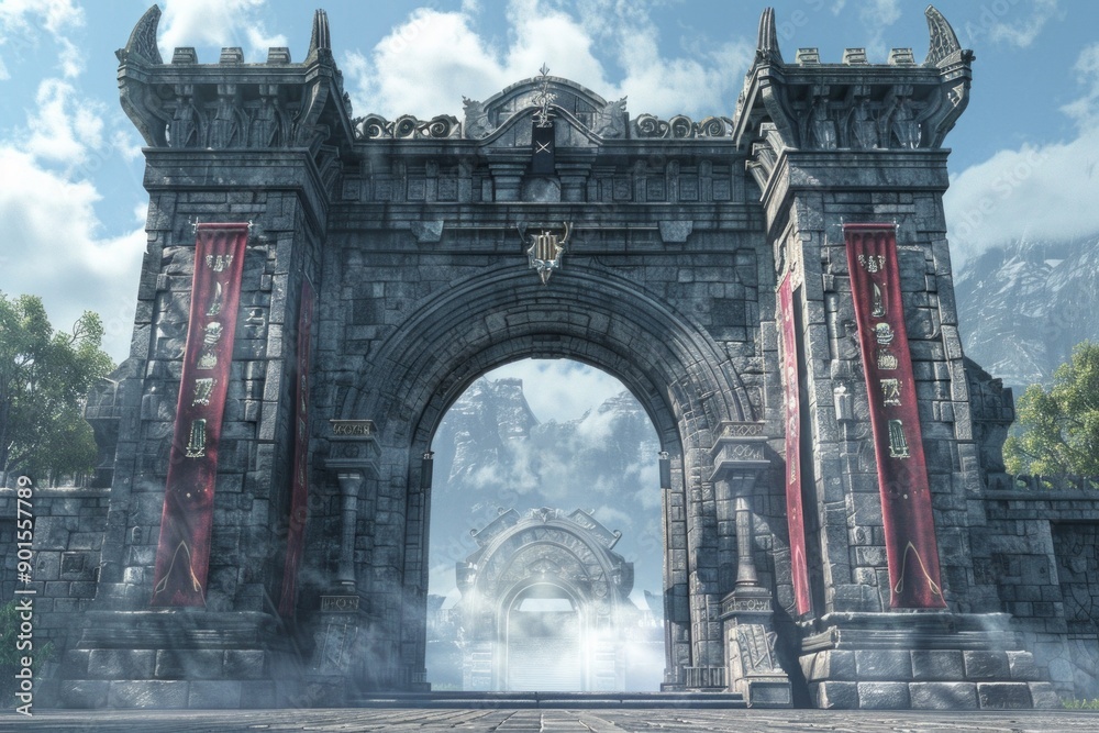 Fantasy Castle Gate Frame. A frame of towering stone gates, intricate ...