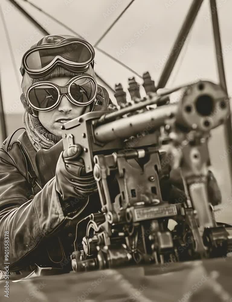 A vintage pilot operates a machine gun mounted on an aircraft ...