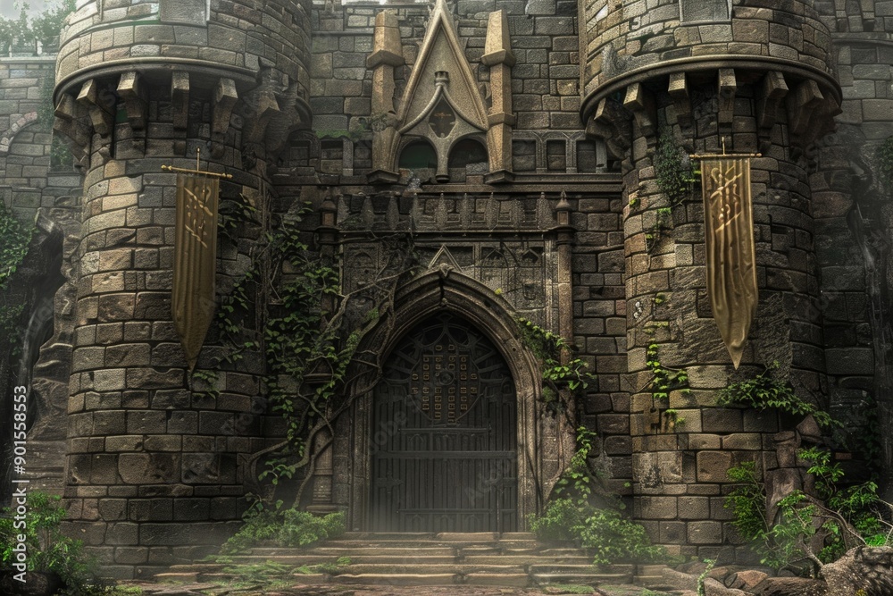 Fantasy Castle Gate Frame. A frame of towering stone gates, intricate ...
