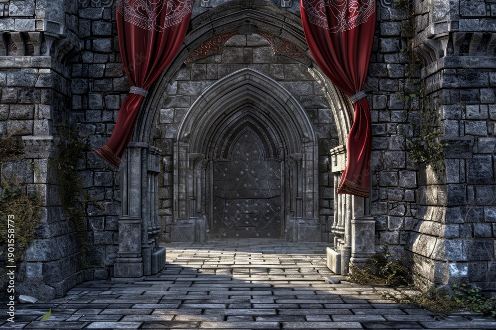 Fantasy Castle Gate Frame. A frame of towering stone gates, intricate ...