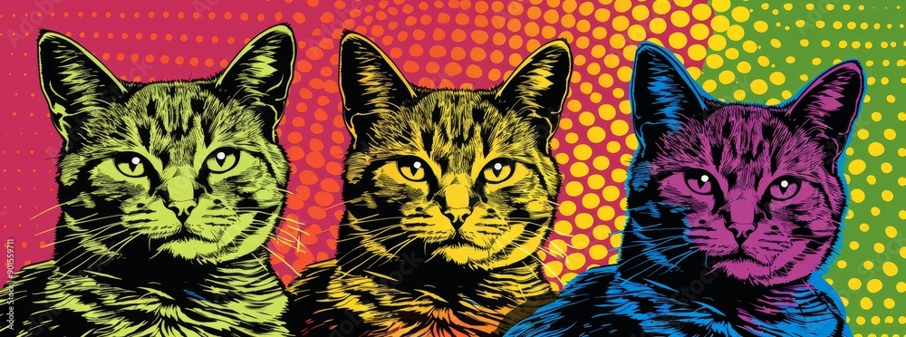 There are a collection of cats aligned against a multi-hued background ...