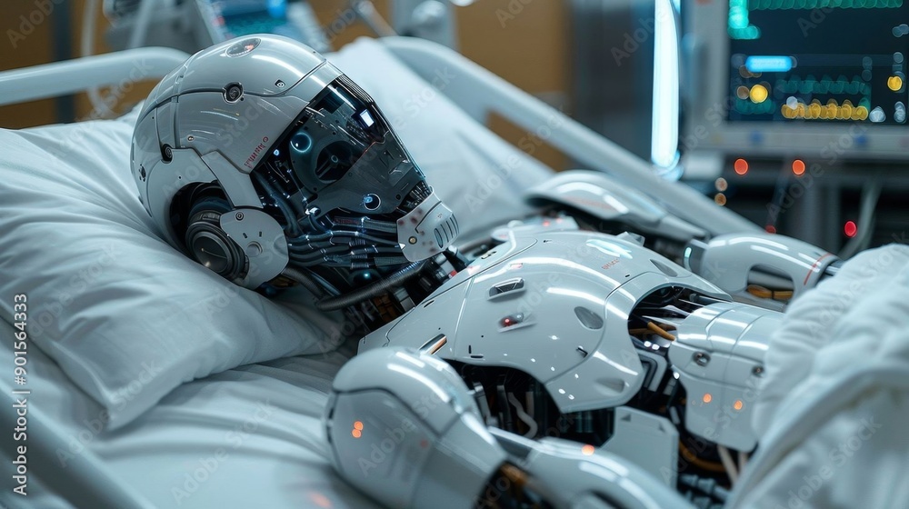 Futuristic robot patient lying in a hospital bed connected to medical ...