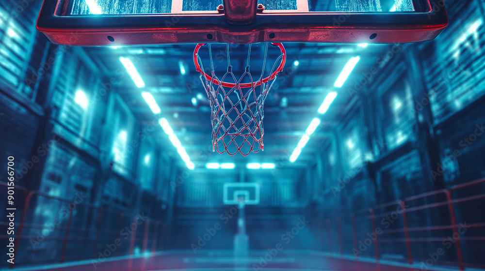 A basketball hoop in what appears to be an indoor sports arena. A ...