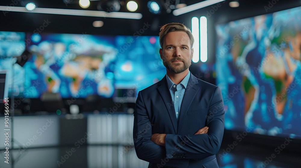 Meteorologist in a sleek studio, standing before a digital weather map ...
