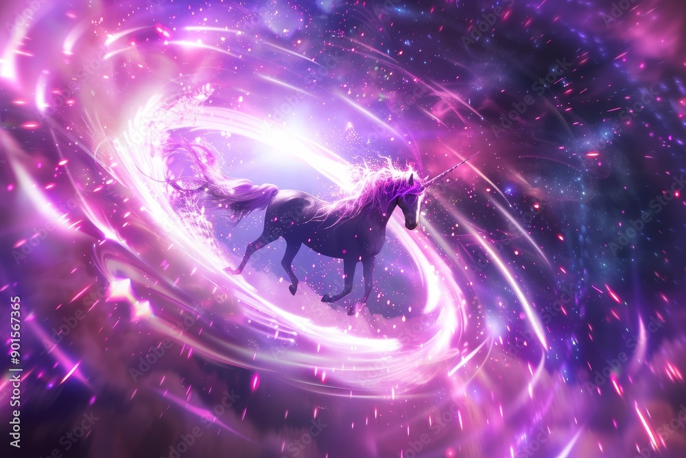 Magical swirls and magical sparkles surround a mythical unicorn in this ...