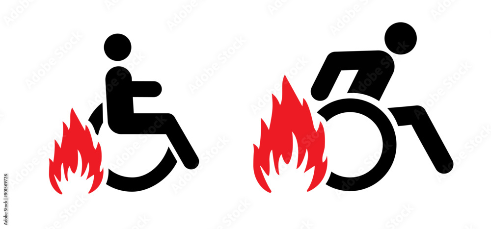 Cartoon fire patient evacuation, exit concept. Burn patient symbol or ...