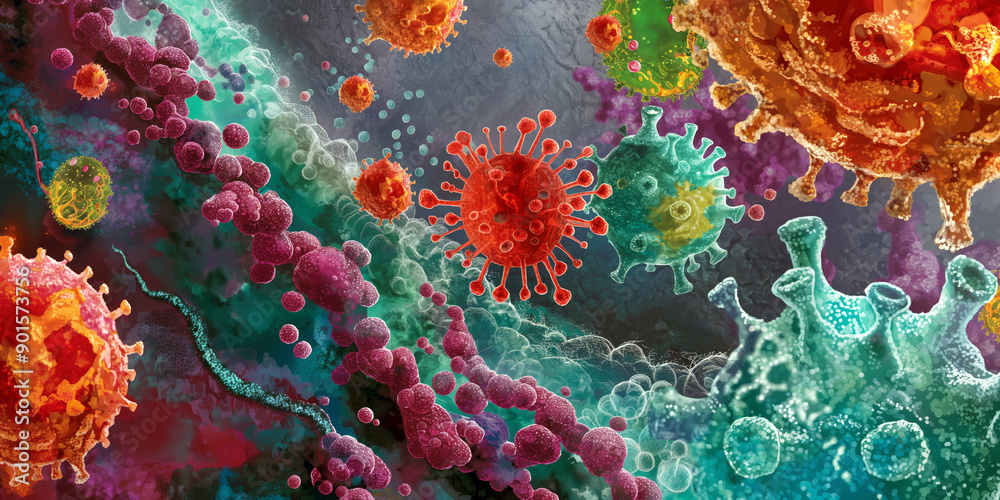 An artistic depiction of the immune response to a viral infection ...