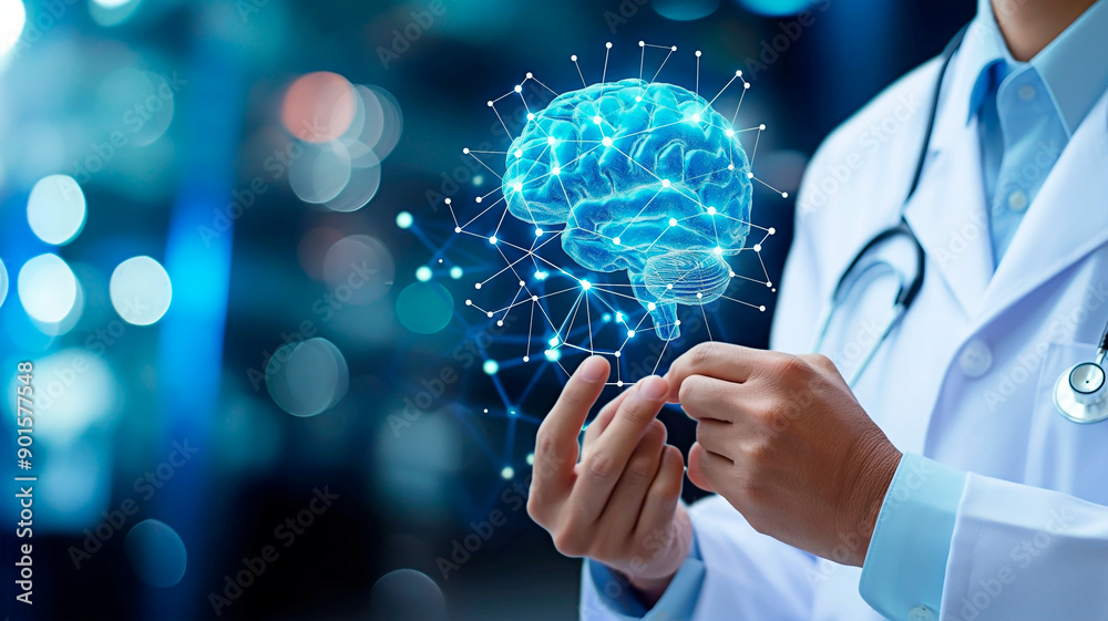 Modern medicine meets digital neurological analysis. Doctor examining ...