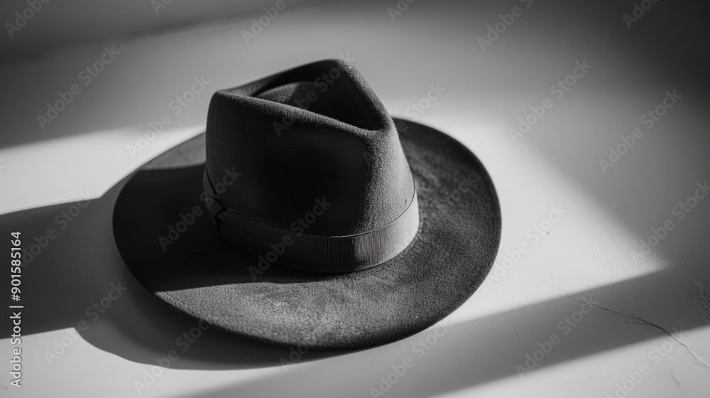 Black fedora hat is casting a shadow on a white surface in a black and ...