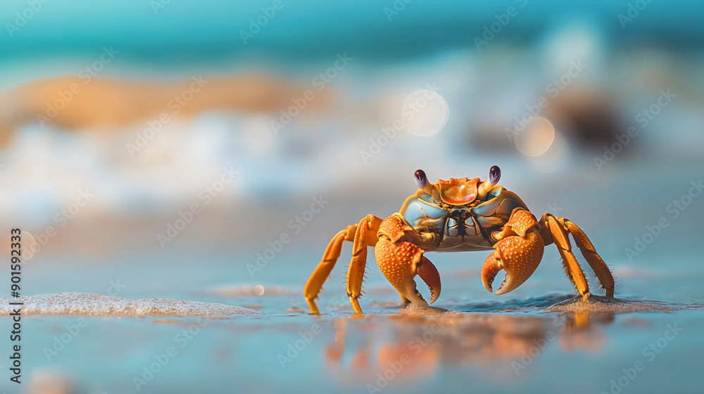 Cute little crab walking on the sandy beach by the sea or ocean shore ...