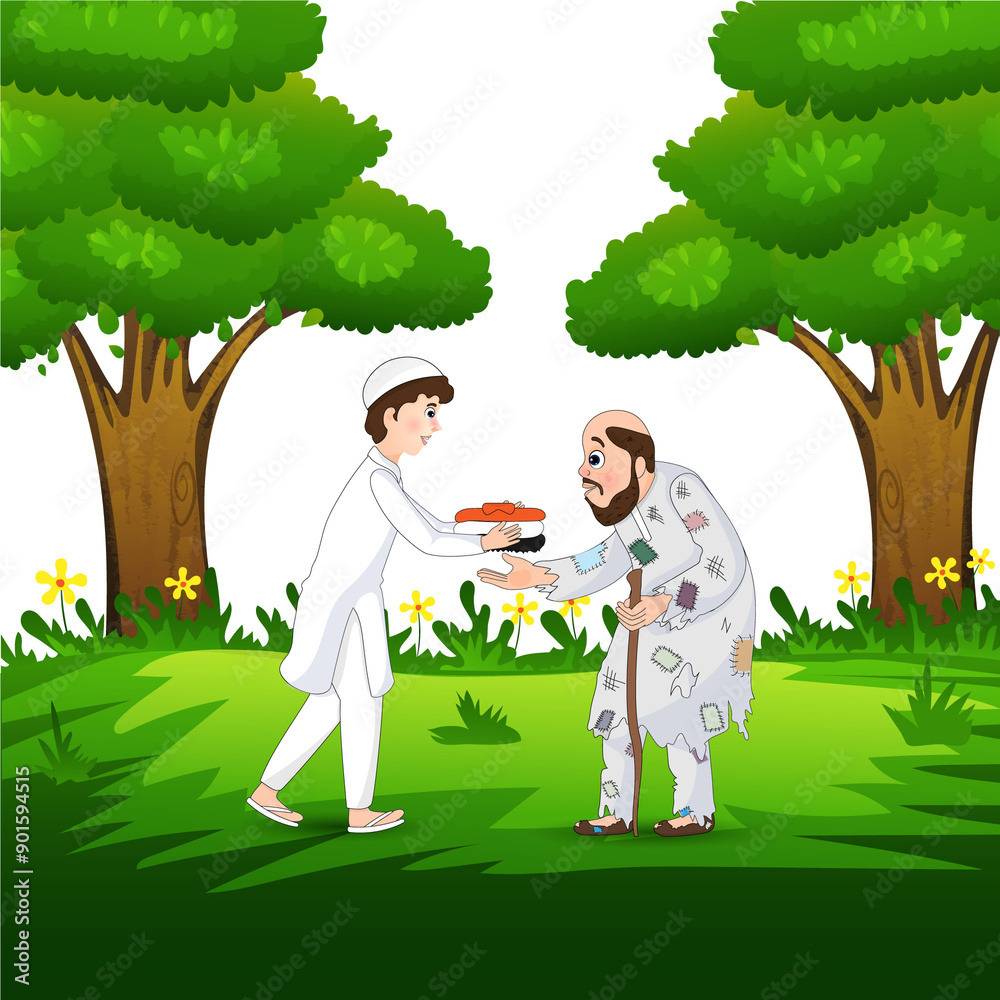 Muslim boy giving cloth to old beggar on nature view background. Stock ...