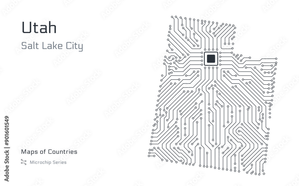 Utah Map with a capital of Salt Lake City Shown in a Microchip Pattern ...