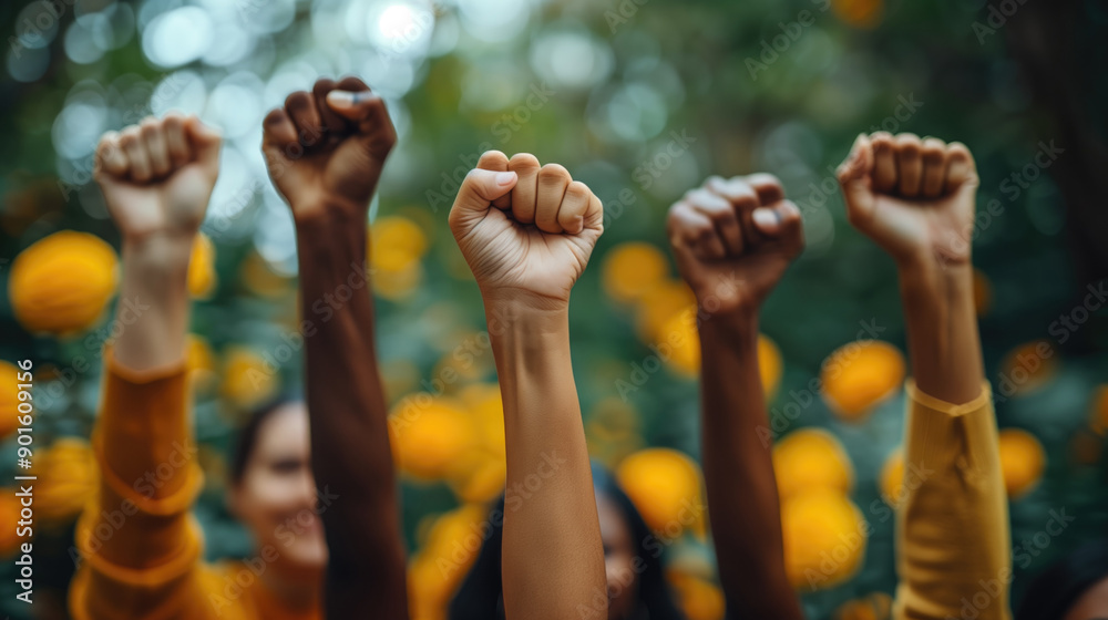 Diverse group of people raising fists in solidarity amid blurred yellow flowers background ...