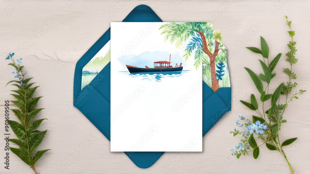 Card with a flowing river theme, featuring watercolor blues and greens ...