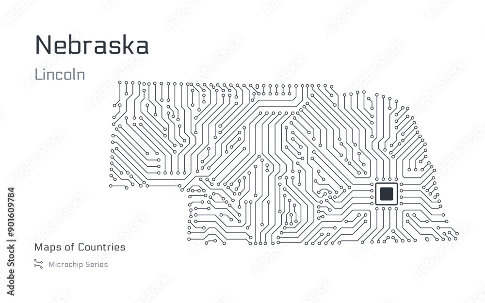 Nebraska Map with a capital of Lincoln Shown in a Microchip Pattern. E ...