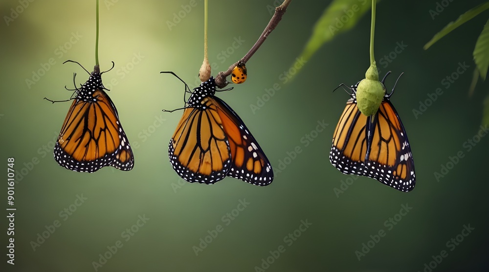 Amazing moment ,Monarch Butterfly, pupae and cocoons are suspended ...