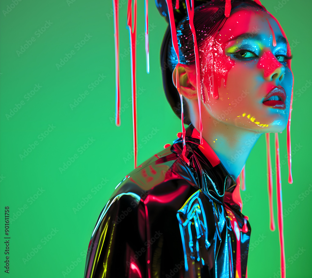 Fashion Concept. Trendy girl in bun hair and black patent leather ...