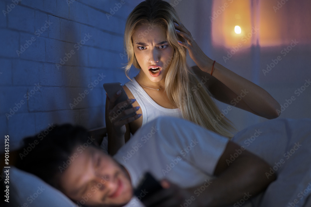 Shocked Wife Catching Cheating Husband Chatting On Smartphone With ...