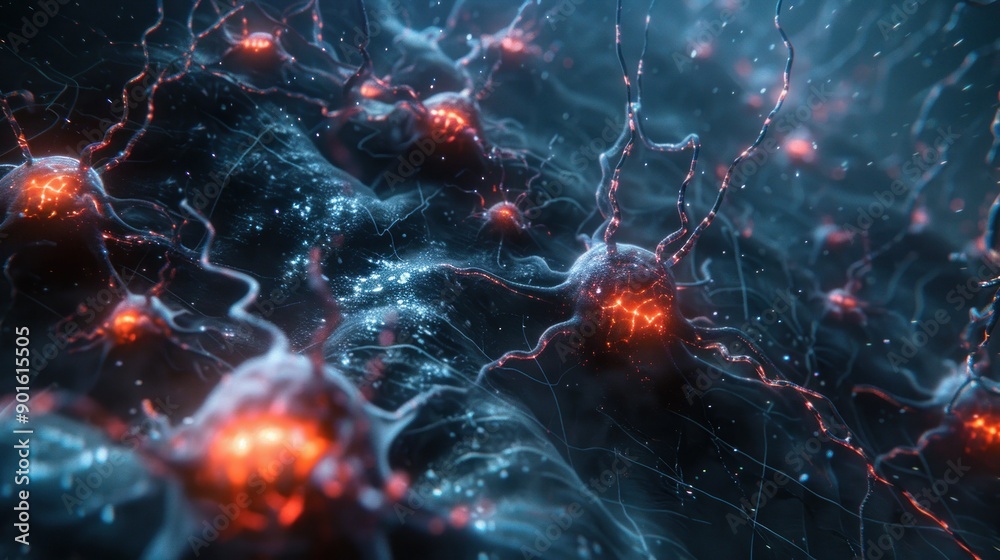 Neurons in the human nervous system in a lab with high-tech equipment ...