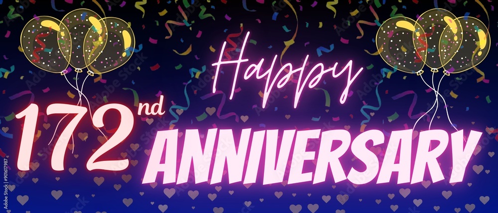 172nd anniversary neon calligraphy text and number. Confetti and ...