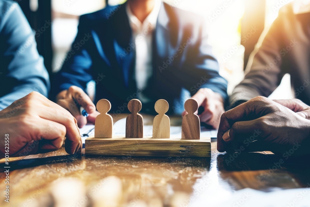 Teamwork and Strategy: Wooden figures symbolizing a team, arranged on a ...