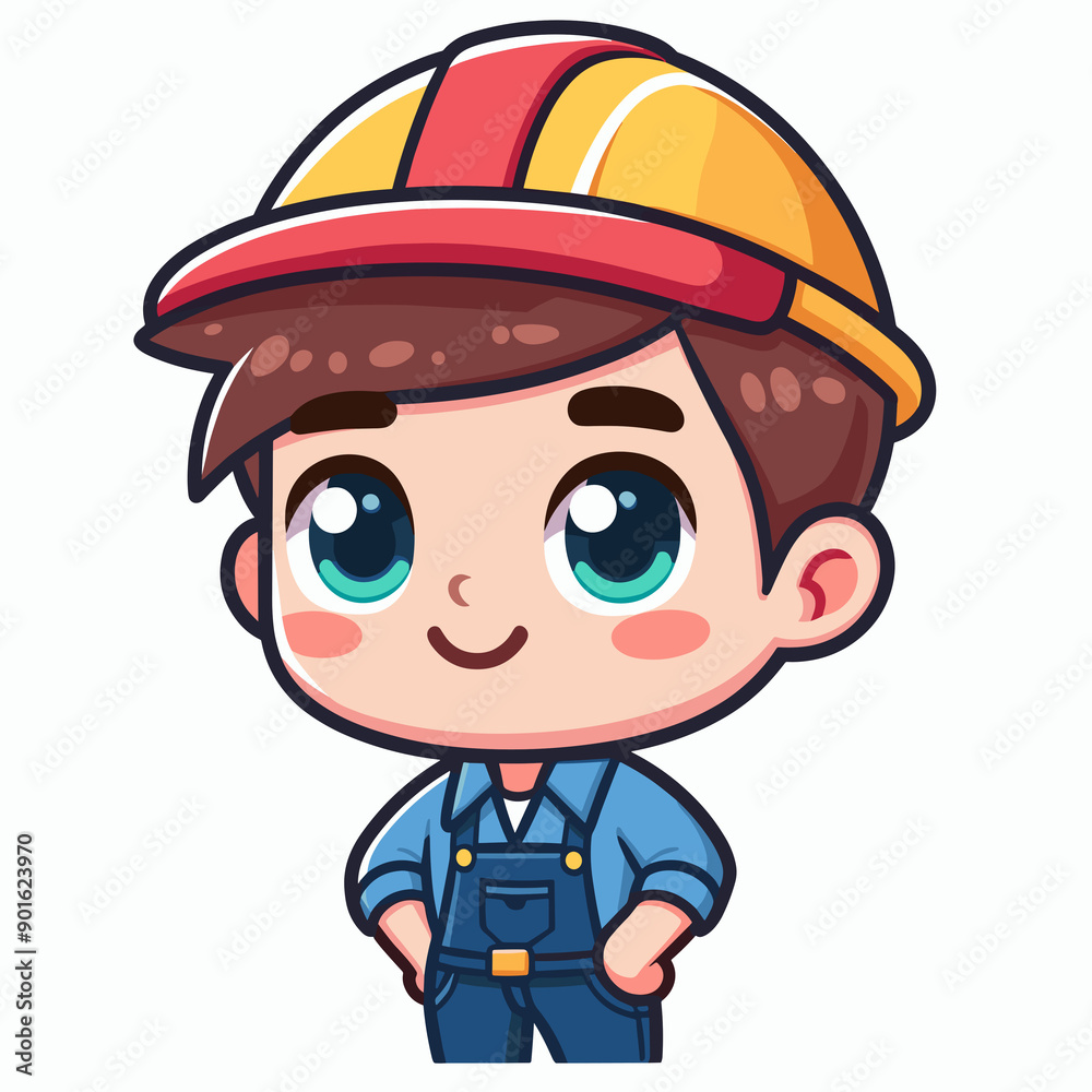 Anime-style image, male engineer, blue eyes, pink cheeks, yellow and ...