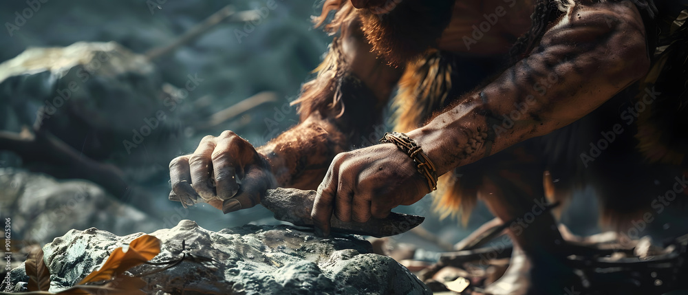 Caveman in animal skin hits rock with sharp stone and creates primitive ...