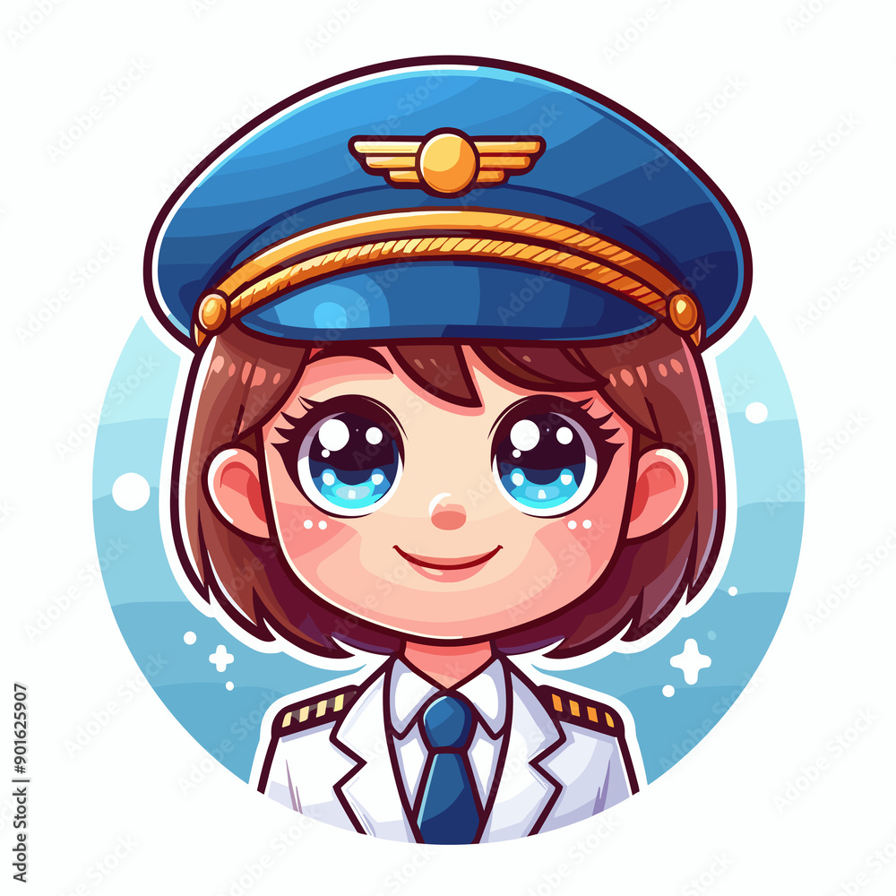 Anime-style image, female pilot, blue eyes, pink cheeks, white uniform ...