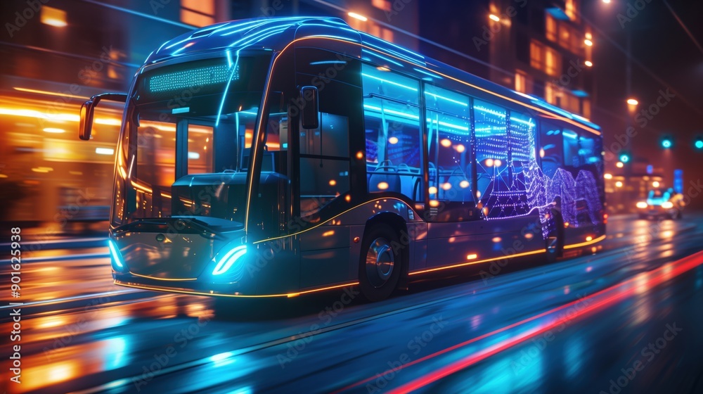 Advanced electric bus with a sleek design, featuring a holographic ...