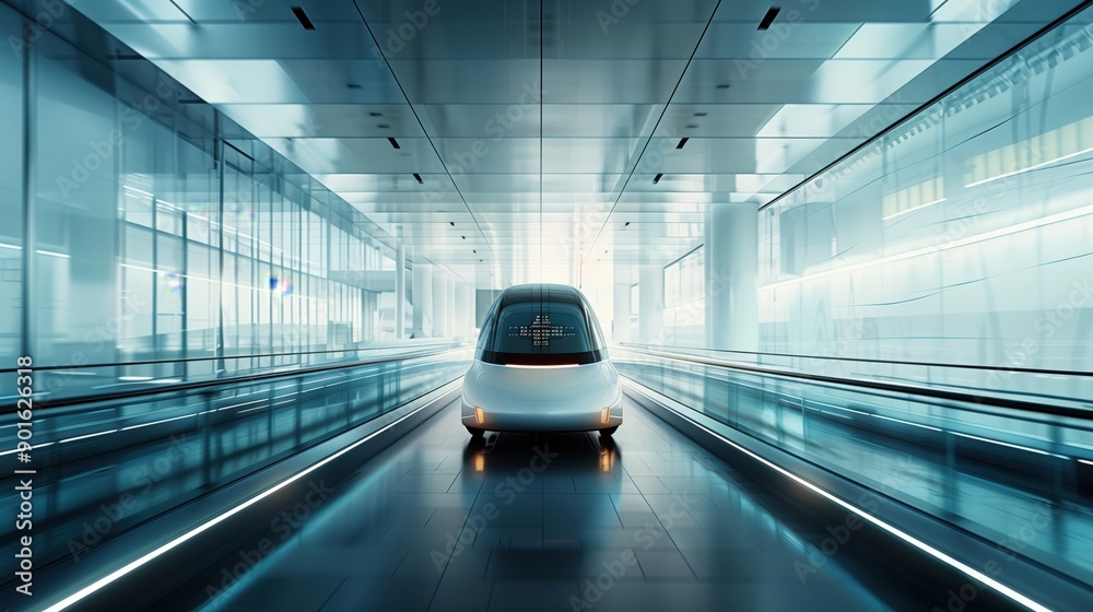 Autonomous shuttle with a minimalist design, featuring a holographic ...