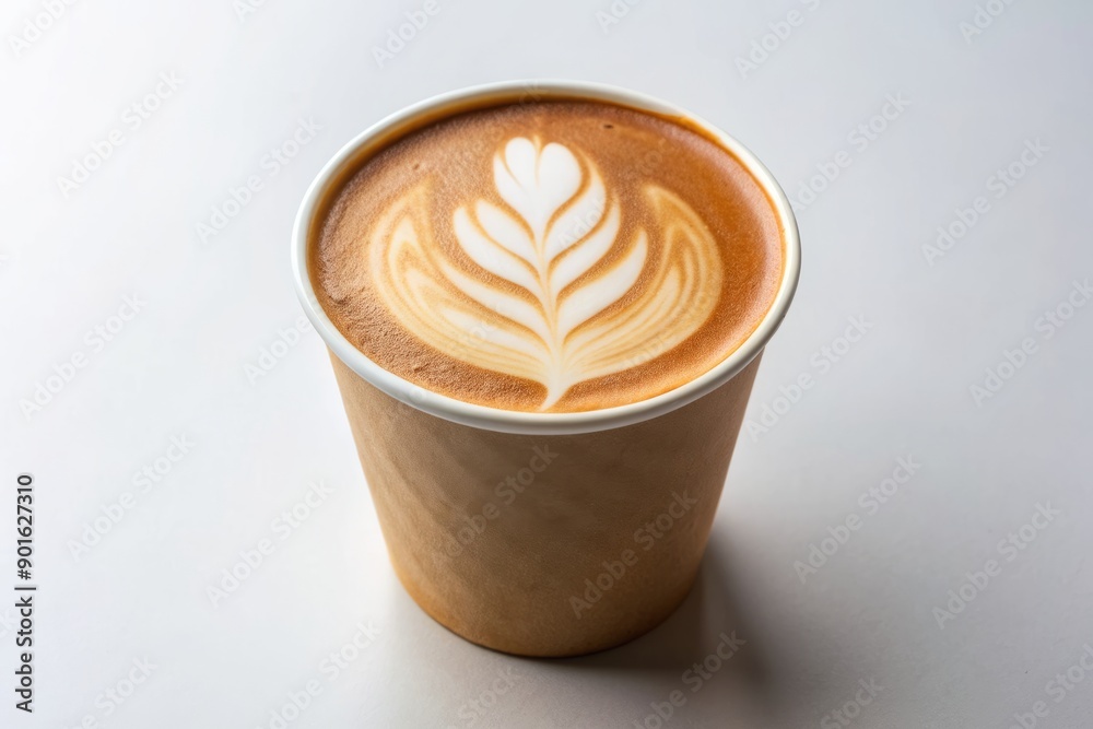 Foamy latte coffee fills a paper cup, adorned with a delicate leaf ...