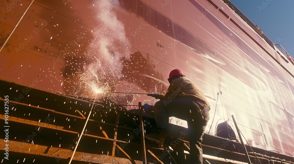 Worker welding ship hull on scaffolding. Worker welds the hull of a ...