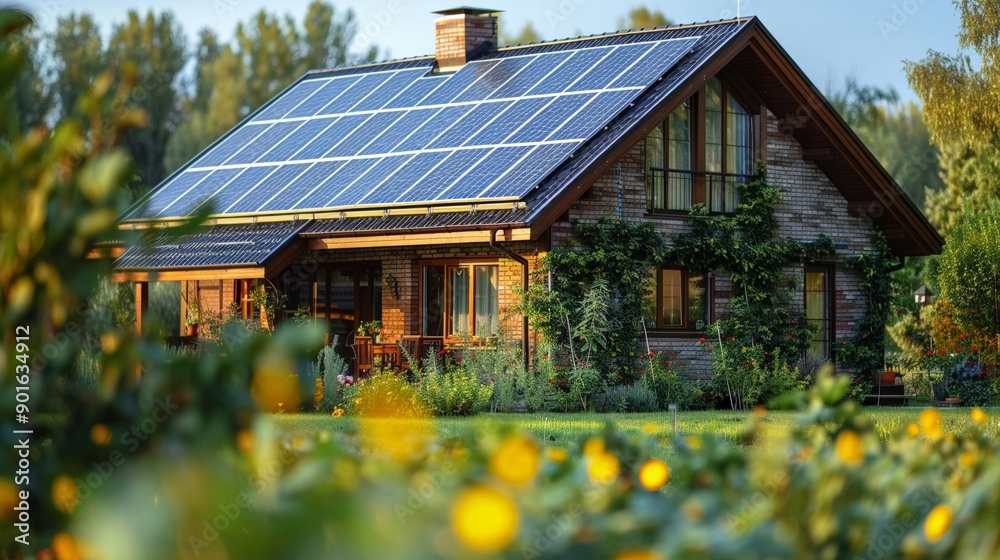 Simple house with solar panels flat background space for Ad ...