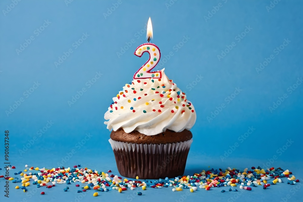 2nd birthday cupcake with whipped cream, sprinkles, candles, and number ...