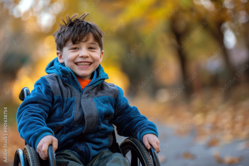 Smiling disabled child with spina bifida in the park. Boy in wheelchair ...