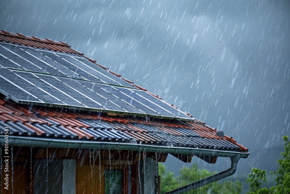 rainy day with panels on the roof of family house, solar panels ...