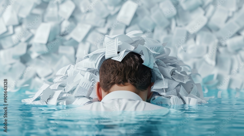 Drowning man in a sea of debt paperwork, illustrating overwhelming debt ...